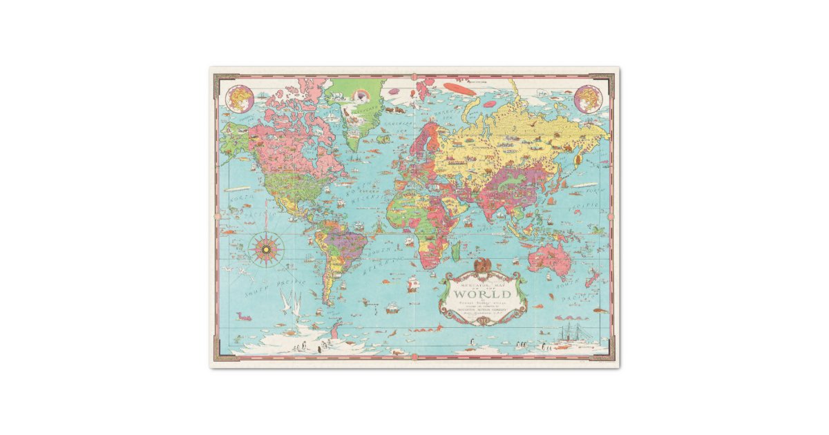 Vintage Mercator World Map Decoupage Tissue Paper | Zazzle