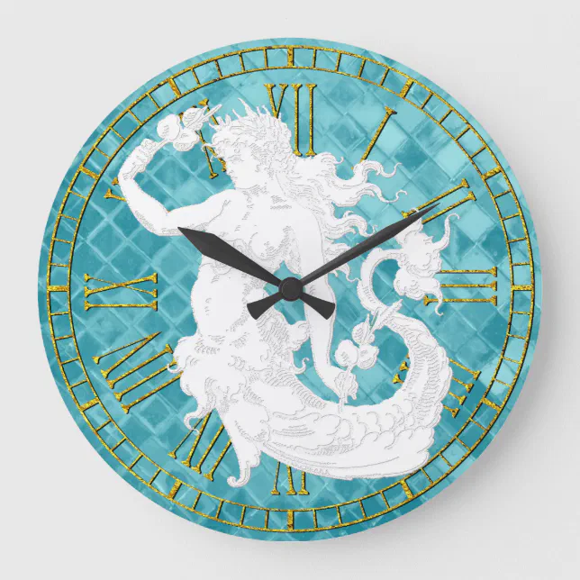 Vintage Mermaid Aqua Sea Glass Large Clock | Zazzle