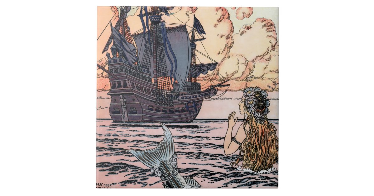 Vintage Mermaid In Sea Looking At Sailing Ship Ceramic Tile | Zazzle