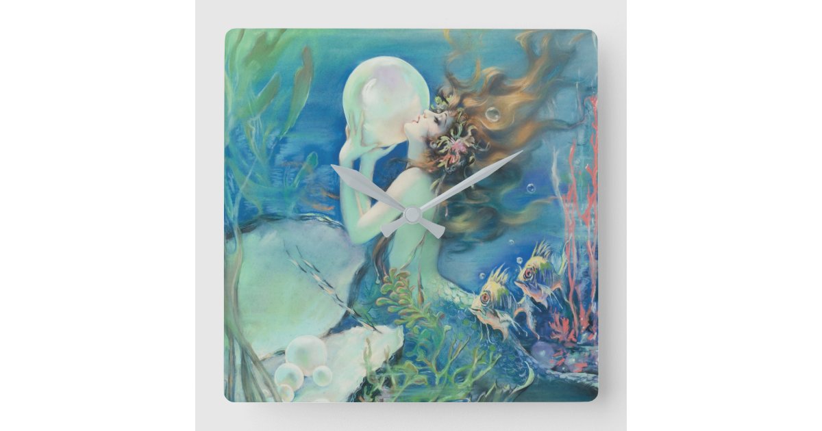 Vintage Mermaid w Pearl Nautical Ocean Nautical Square Wall Clock | Zazzle