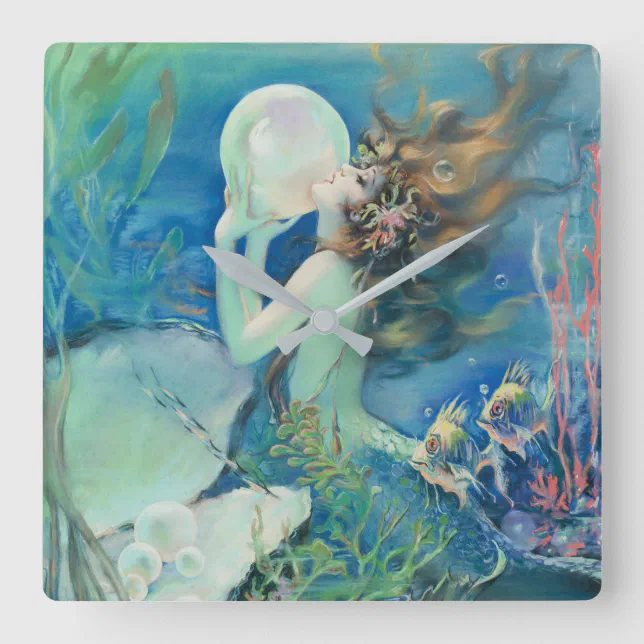 Vintage Mermaid w Pearl Nautical Ocean Nautical Square Wall Clock | Zazzle