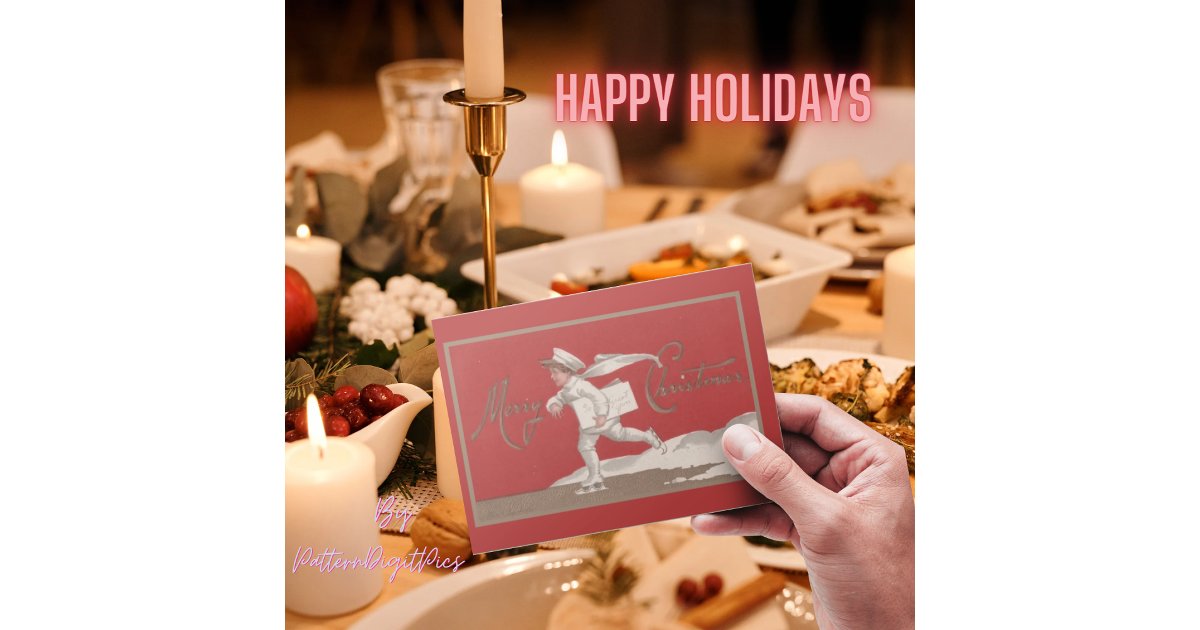Vintage Merry Christmas Boy Postman Sliding on Ice Holiday Card | Zazzle