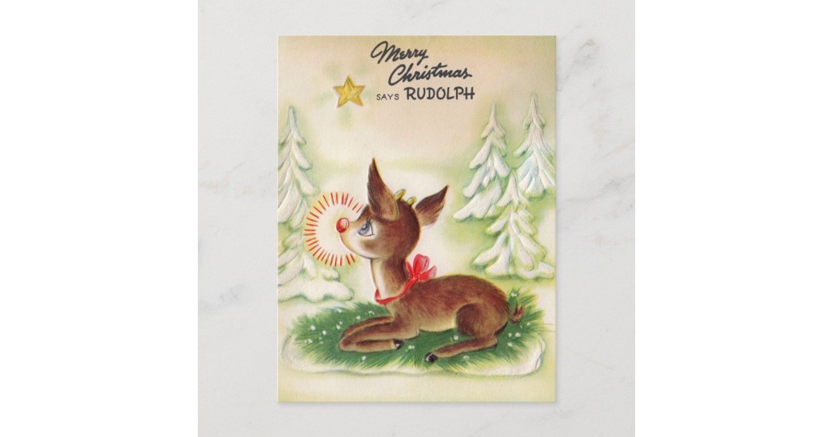 Vintage Merry Christmas Star Rudolph Holiday Postcard | Zazzle
