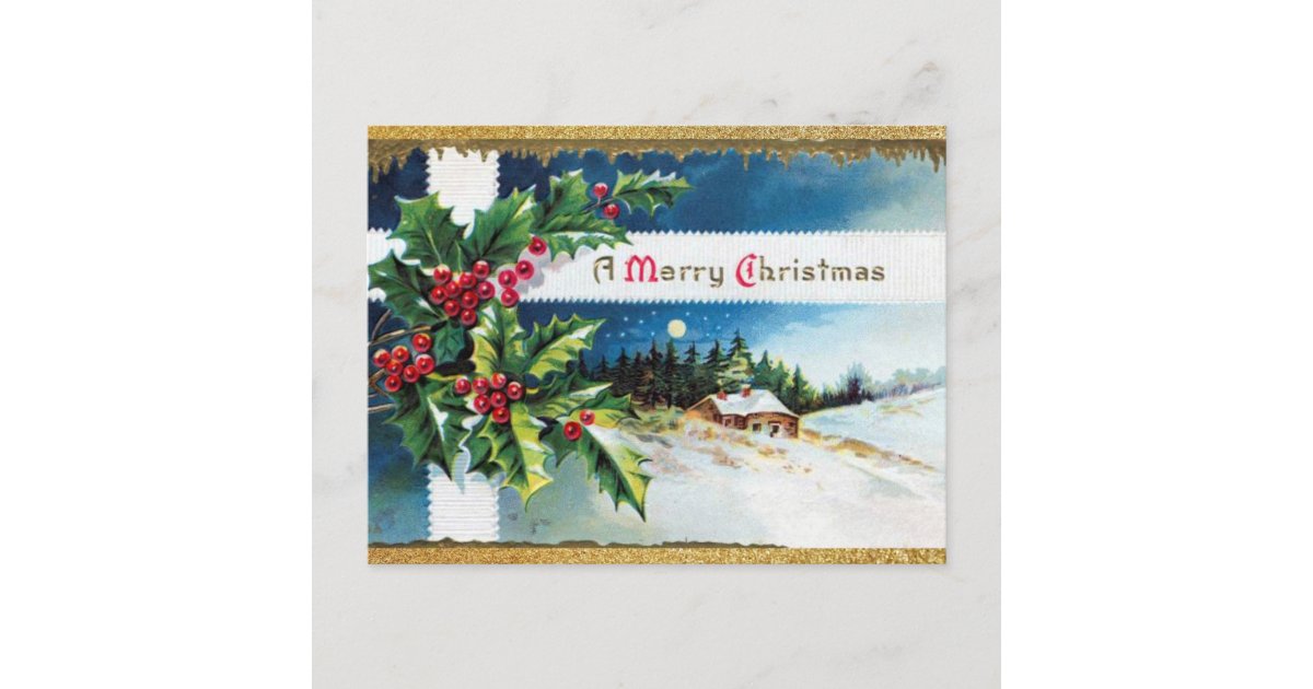 Vintage Merry Christmas with Gold Glitter Postcard | Zazzle