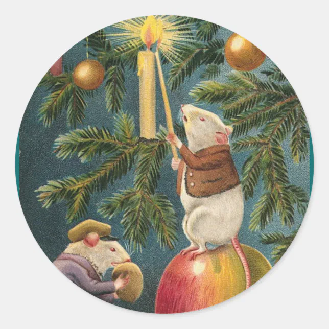 Vintage Mice & Candle Christmas Stickers | Zazzle