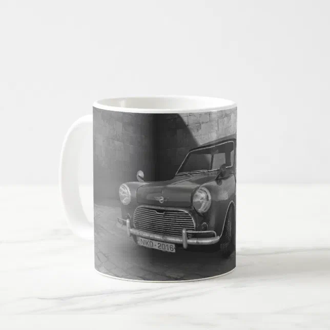 Vintage Mini Cooper car black and white mug | Zazzle