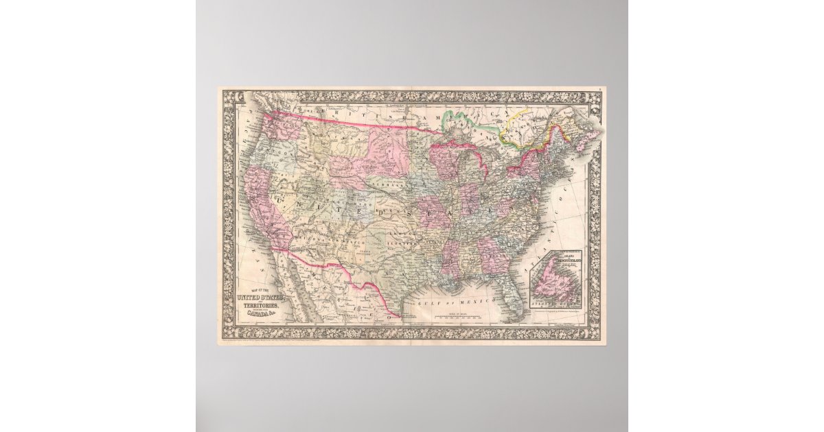 Vintage Mitchell Map of the United States (1866) Poster | Zazzle
