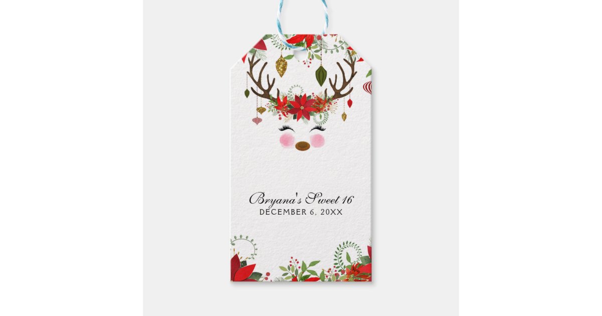 Vintage Modern Floral Reindeer Holiday Party Favor Gift Tags | Zazzle
