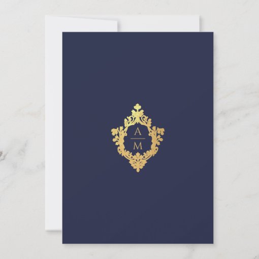 Vintage Monogram Crest Navy Blue Faux Gold Wedding Invitation | Zazzle