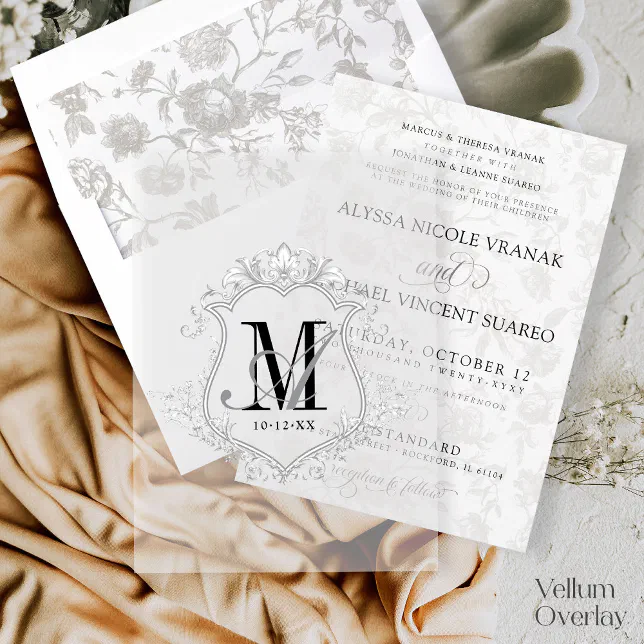 Vintage Monogram Crest Wedding Overlay Vellum Invitations | Zazzle
