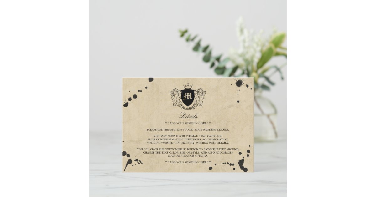 Vintage Monogram & Ink Stain Wedding Detail Insert | Zazzle