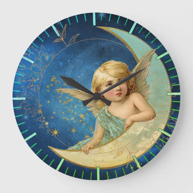 Vintage Moon Angel in Celestial Blue and Gold Large Clock | Zazzle