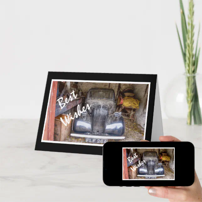 Vintage Motor Car In Garage Card | Zazzle