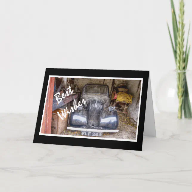 Vintage Motor Car In Garage Card | Zazzle