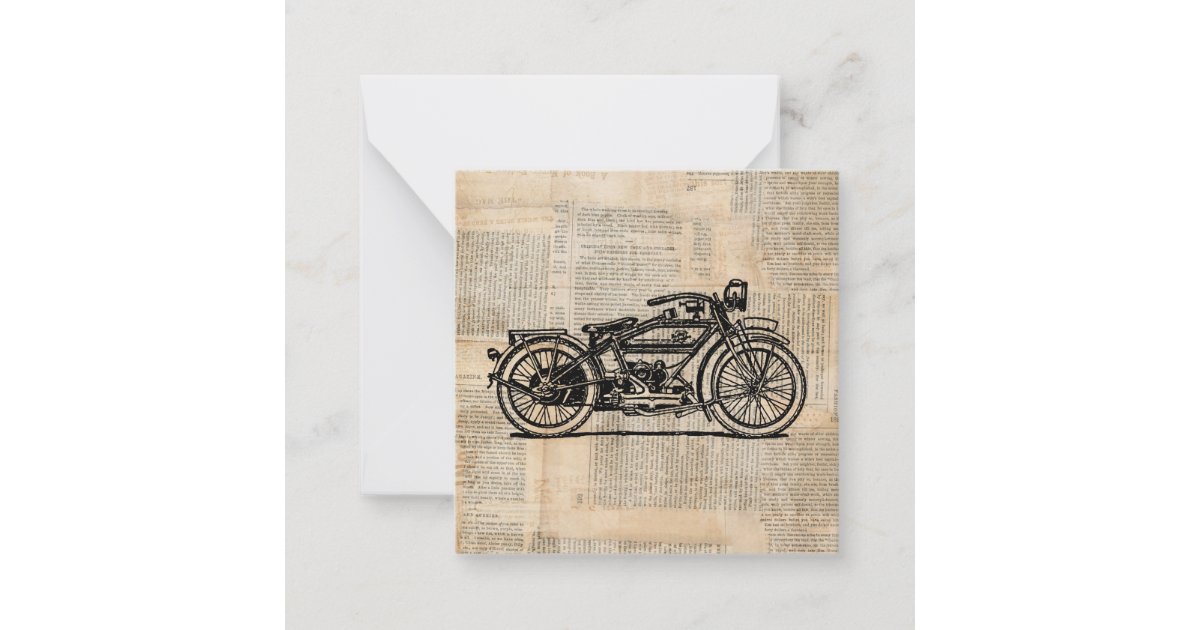 Vintage Motorcycle Art Newspaper Text Style Note Card | Zazzle