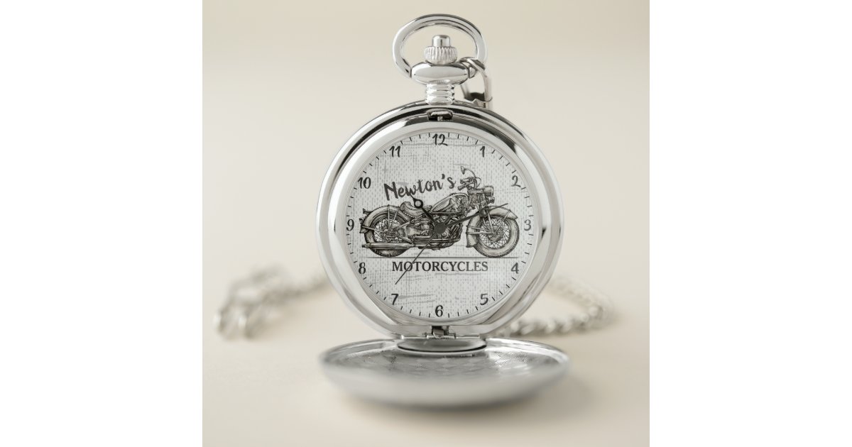 Vintage Motorcycle Personalized NAME Biker Garage Pocket Watch | Zazzle