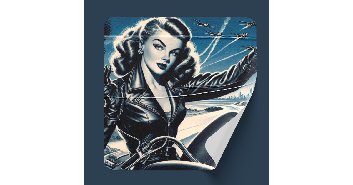 Vintage Motorcycle Pin Up Square Sticker | Zazzle