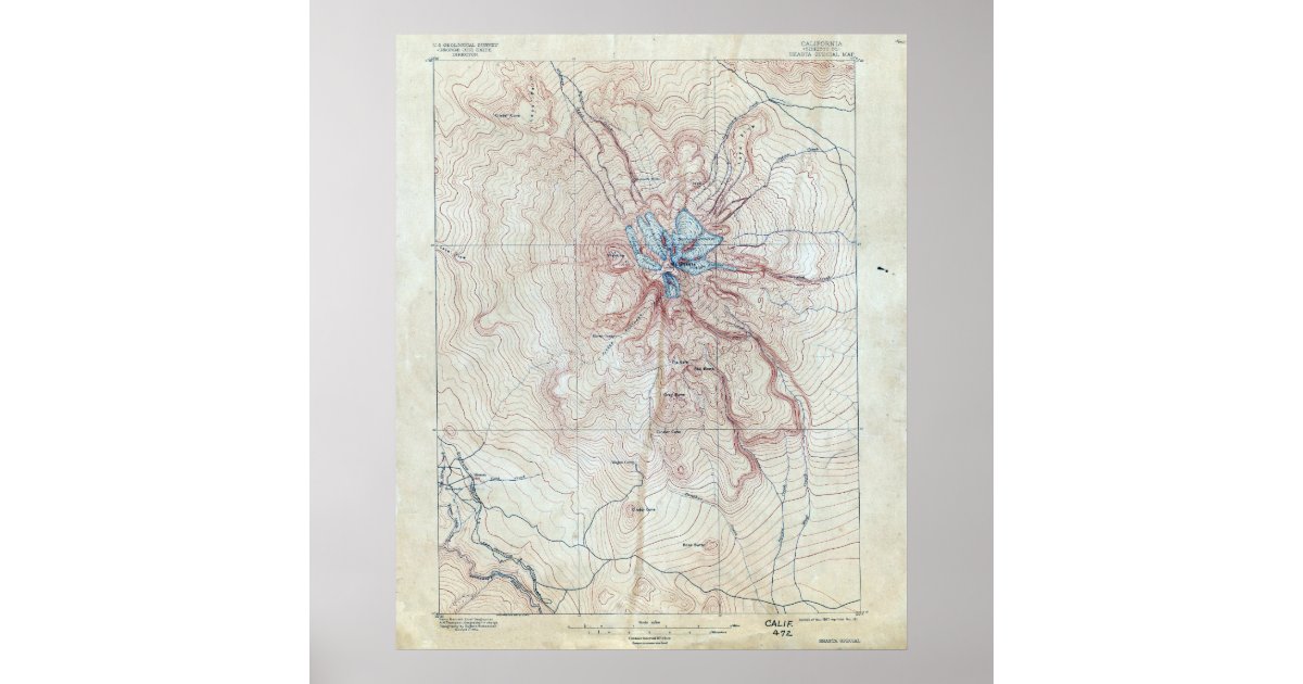 Vintage Mount Shasta Topographical Map Poster | Zazzle