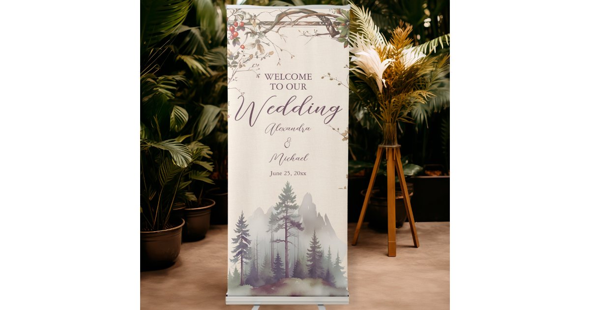 Vintage Mountain Forest Evergreen Tree Wedding Retractable Banner | Zazzle