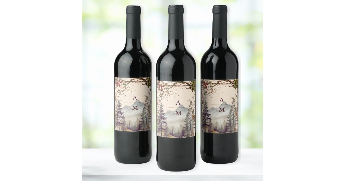 Vintage Mountain Forest Evergreen Tree Wedding Wine Label | Zazzle