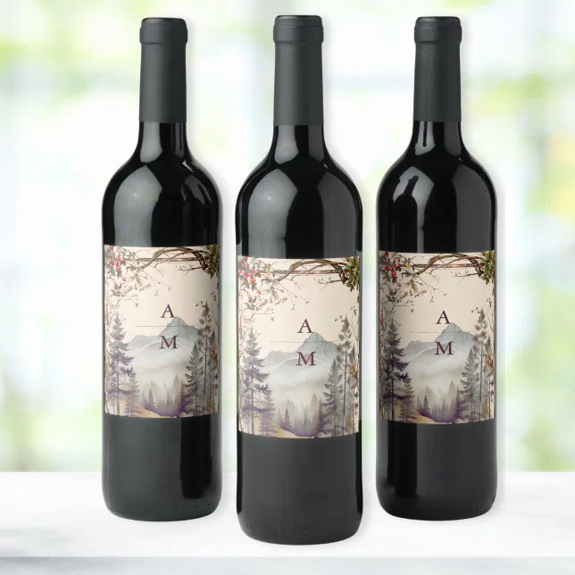 Vintage Mountain Forest Evergreen Tree Wedding Wine Label | Zazzle