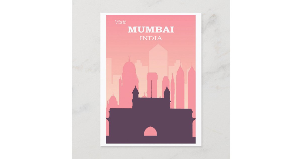 Vintage Mumbai India City Skyline Pink Travel Postcard | Zazzle