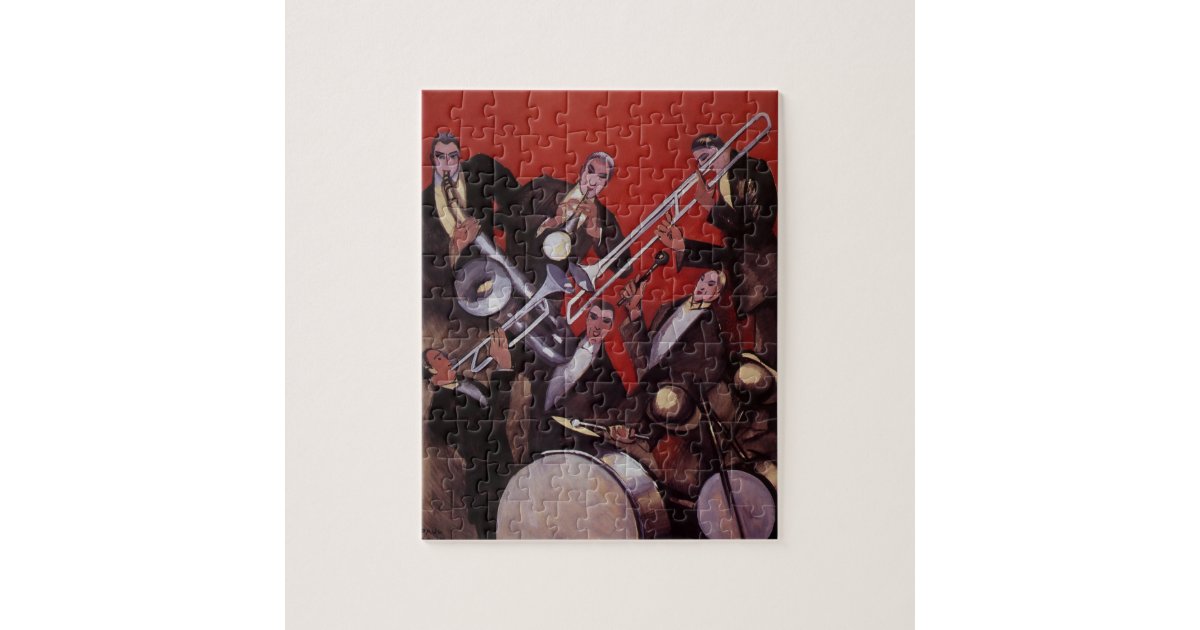 Vintage Music, Art Deco Musical Jazz Band Jamming Jigsaw Puzzle | Zazzle