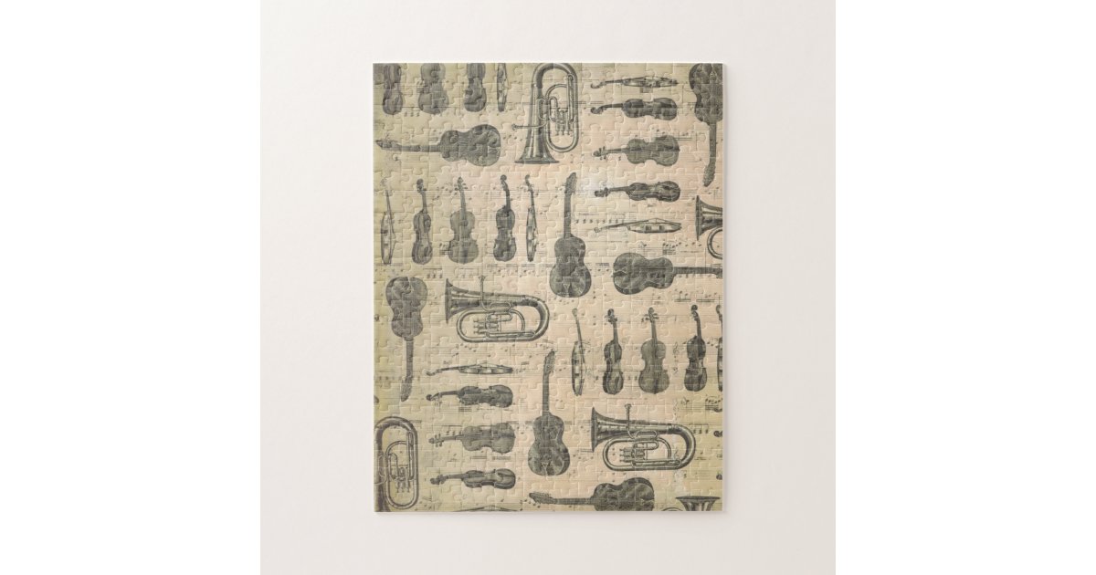 Vintage Music Note Pattern Guitar Violin Tuba Jigsaw Puzzle | Zazzle