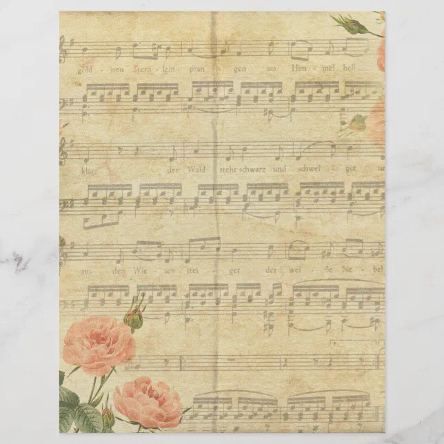 Vintage Music Notes Floral Aged Scrapbook Paper | Zazzle