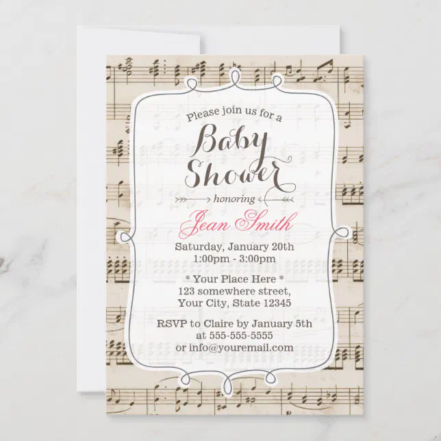 Vintage Music Sheet Baby Shower Invitations | Zazzle