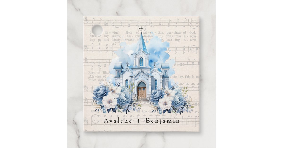 Vintage Musical Dusty Blue Peony Church Wedding Favor Tags | Zazzle