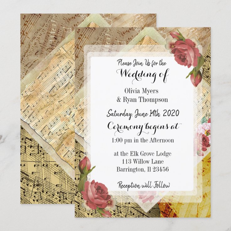 Vintage Musical Notes Piano Sheet Music Wedding Invitation | Zazzle