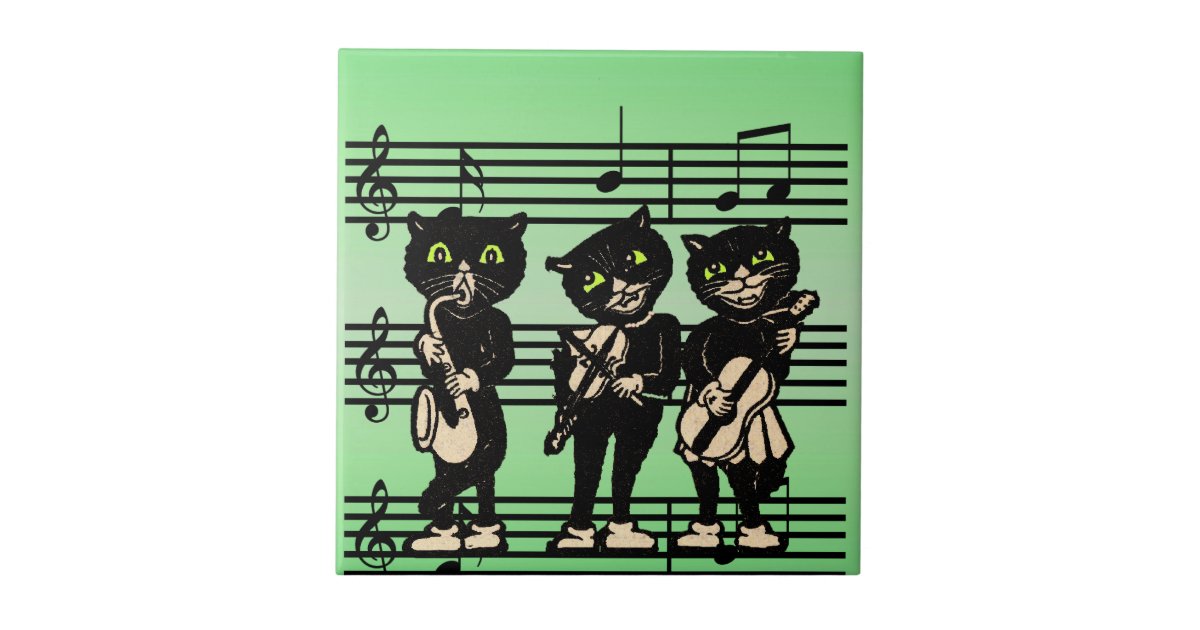 Vintage Musician Black Cats Music Notes Tile | Zazzle