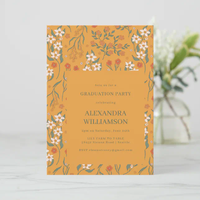 Vintage Mustard Yellow Floral Graduation Party Invitation | Zazzle