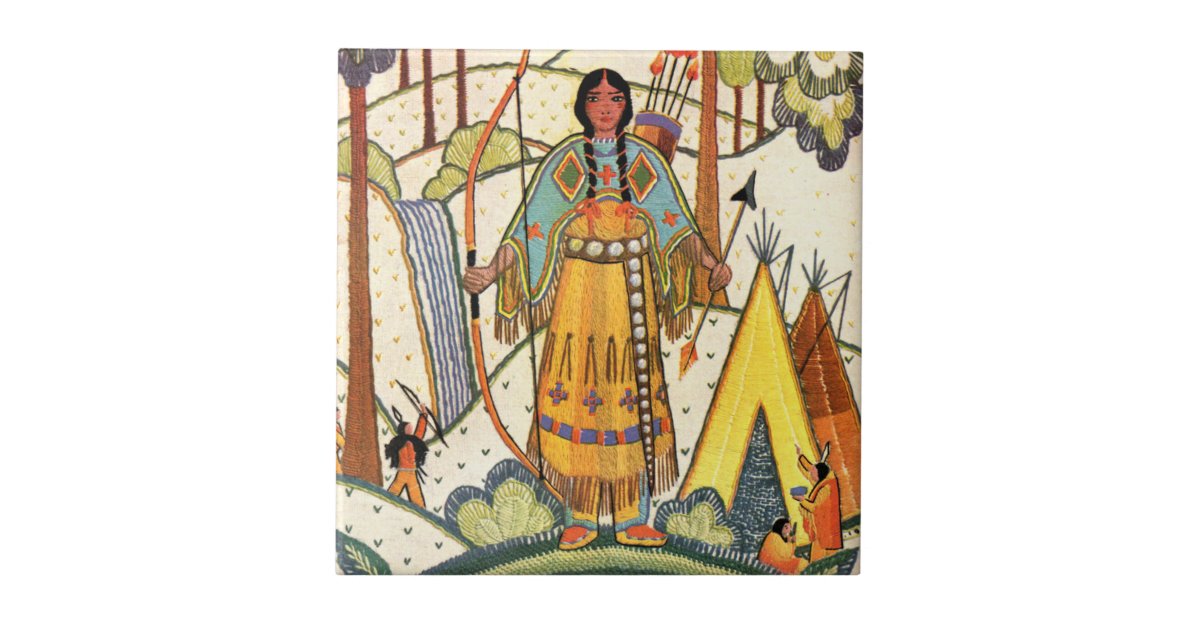 Vintage Native American Woman Village Forest Ceramic Tile | Zazzle