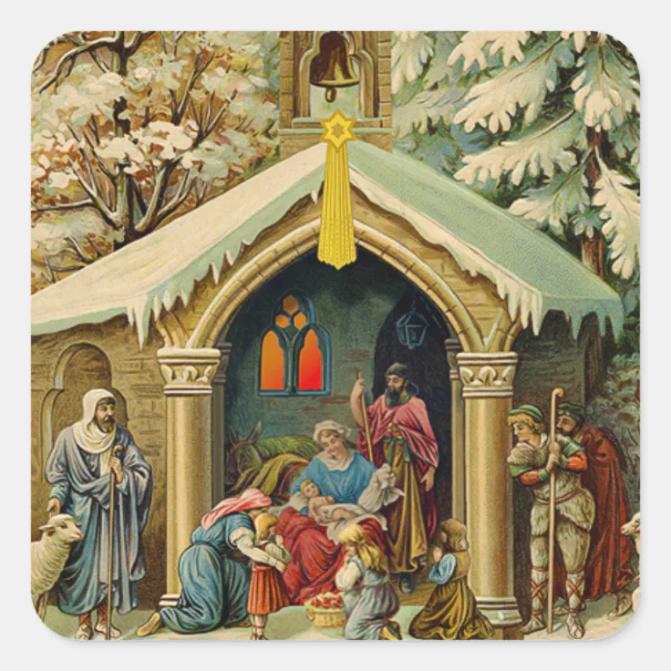 Vintage Nativity Scene Square Stickers | Zazzle