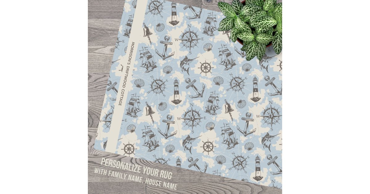 Vintage Nautical Anchor Pattern Personalized Text Rug | Zazzle
