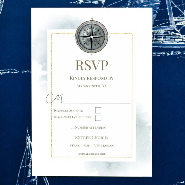 Vintage Nautical Compass Wedding RSVP Card | Zazzle