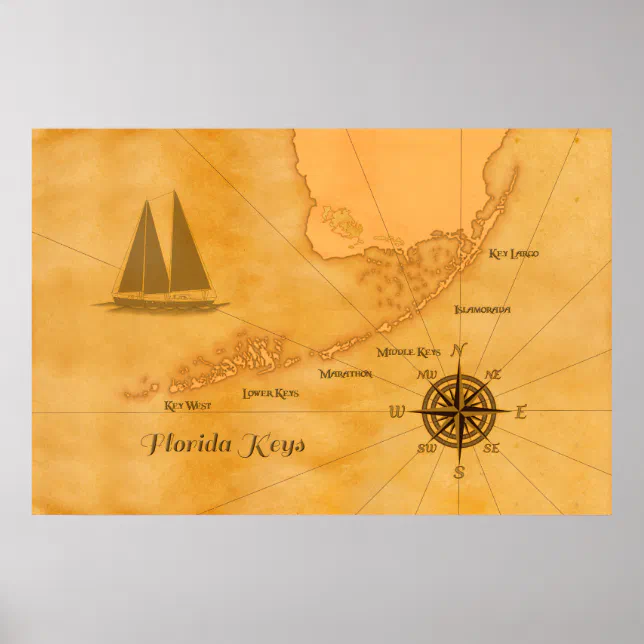 Vintage Nautical Florida Keys Map Poster | Zazzle