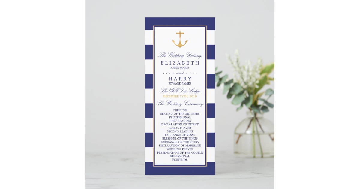 Vintage Nautical Gold Anchor Navy And Gold Wedding Program Zazzle