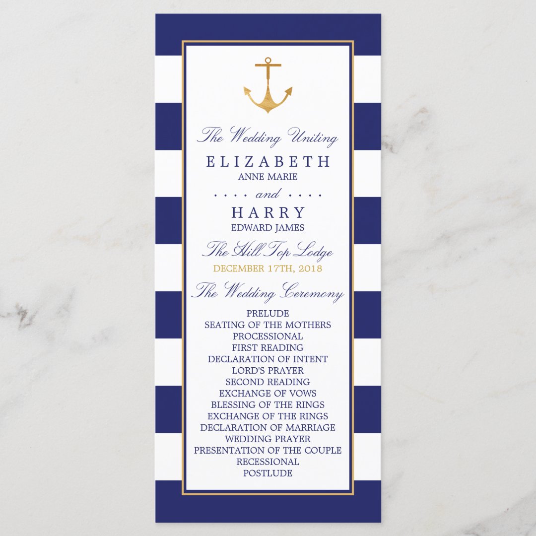 Vintage Nautical Gold Anchor Wedding Program Zazzle