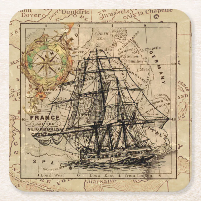 Vintage Nautical Sailing Ship Navigation Map Square Paper Coaster | Zazzle