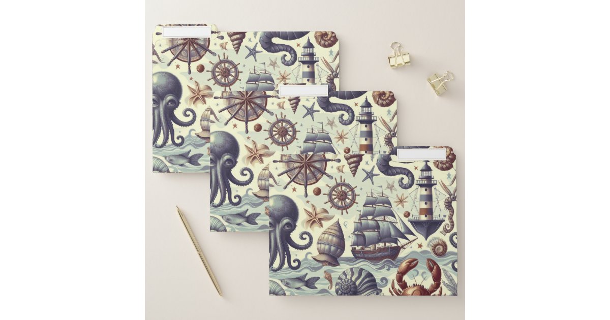 Vintage Nautical Sealife Illustration File Folder | Zazzle