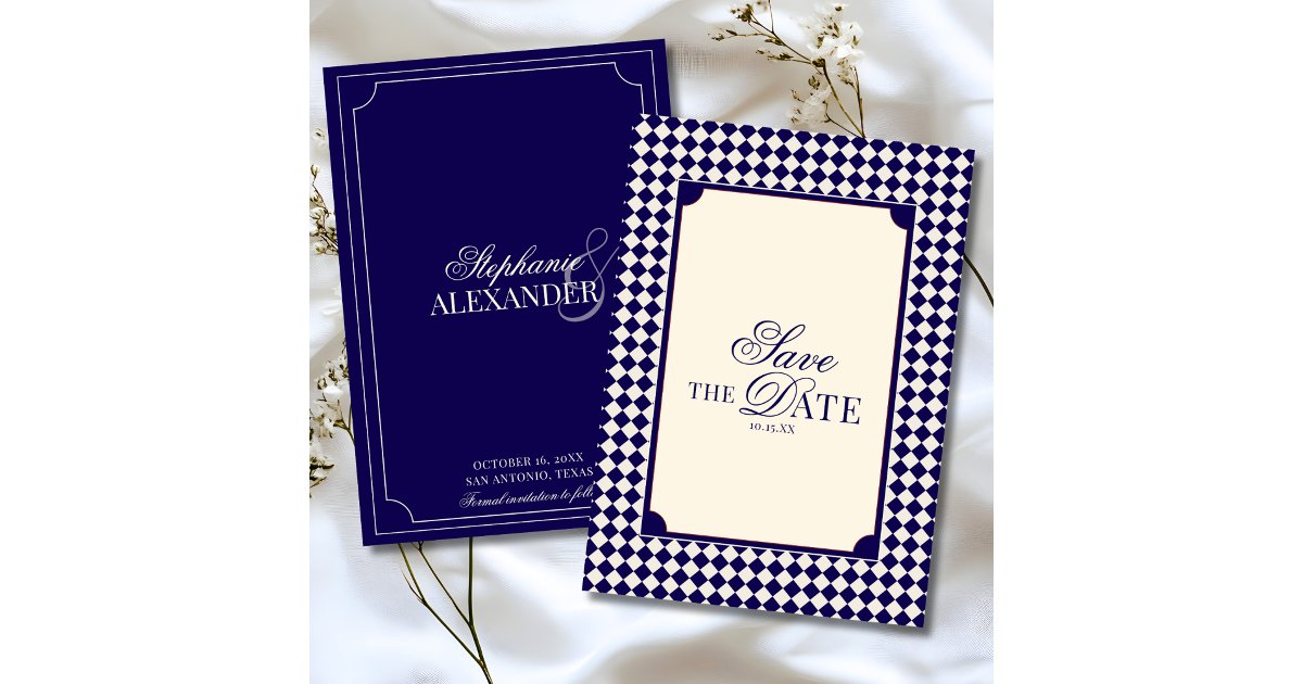 Vintage Navy Blue Checkered Old Money Wedding Save The Date | Zazzle