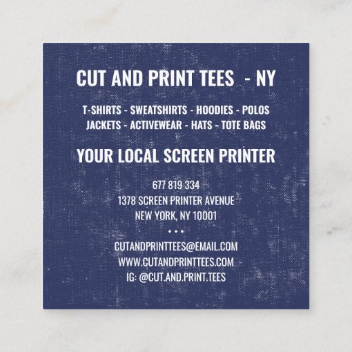 Vintage navy blue white circle logo screen printer square business card ...
