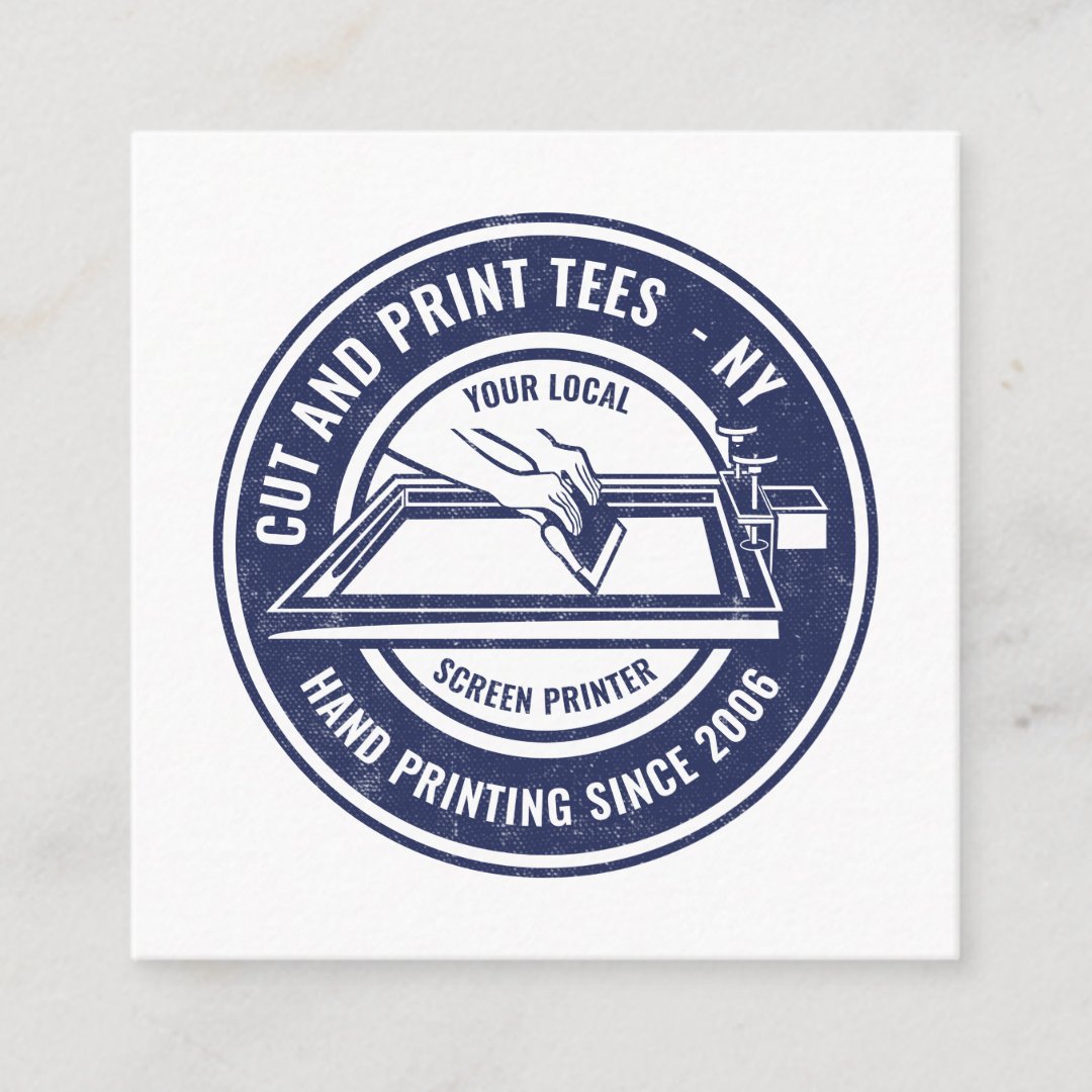 Vintage navy blue white circle logo screen printer square business card ...