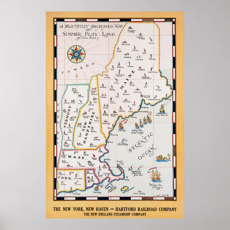 Vintage New England Map Summer Travel Poster | Zazzle