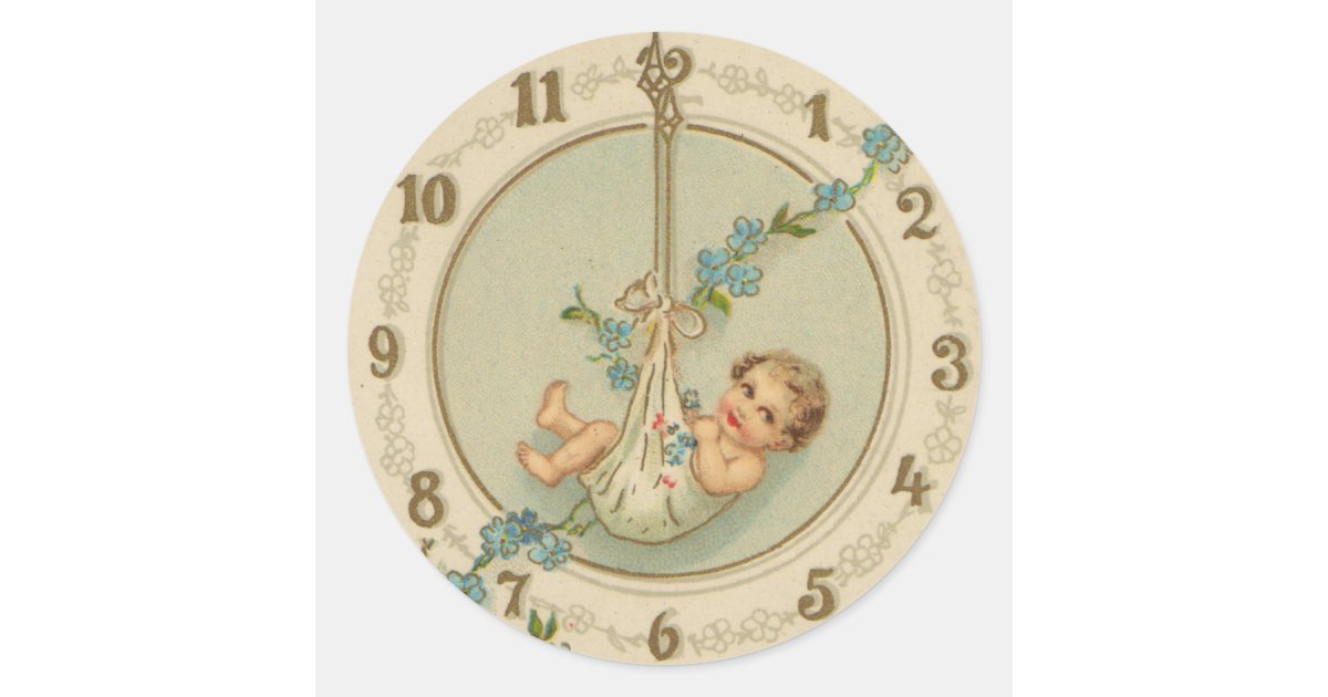 Vintage New Years Baby Clock Classic Round Sticker | Zazzle