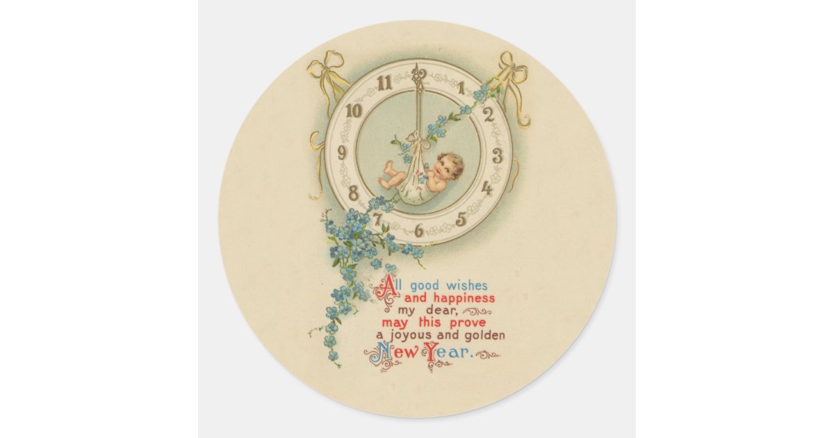 Vintage New Years Baby Clock Classic Round Sticker | Zazzle