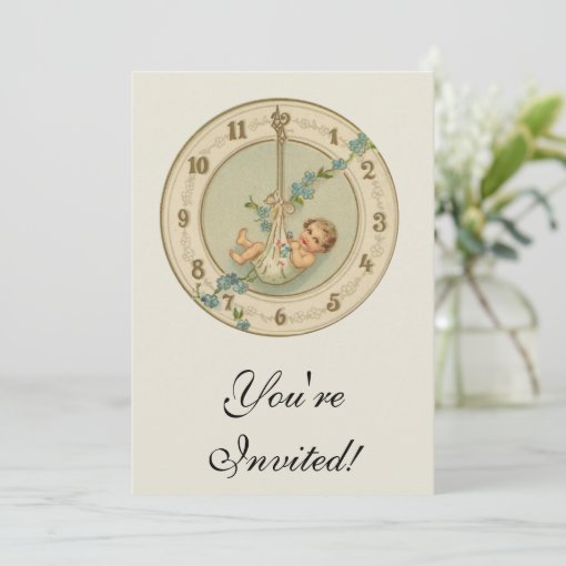 Vintage New Years Baby Clock Invitation | Zazzle
